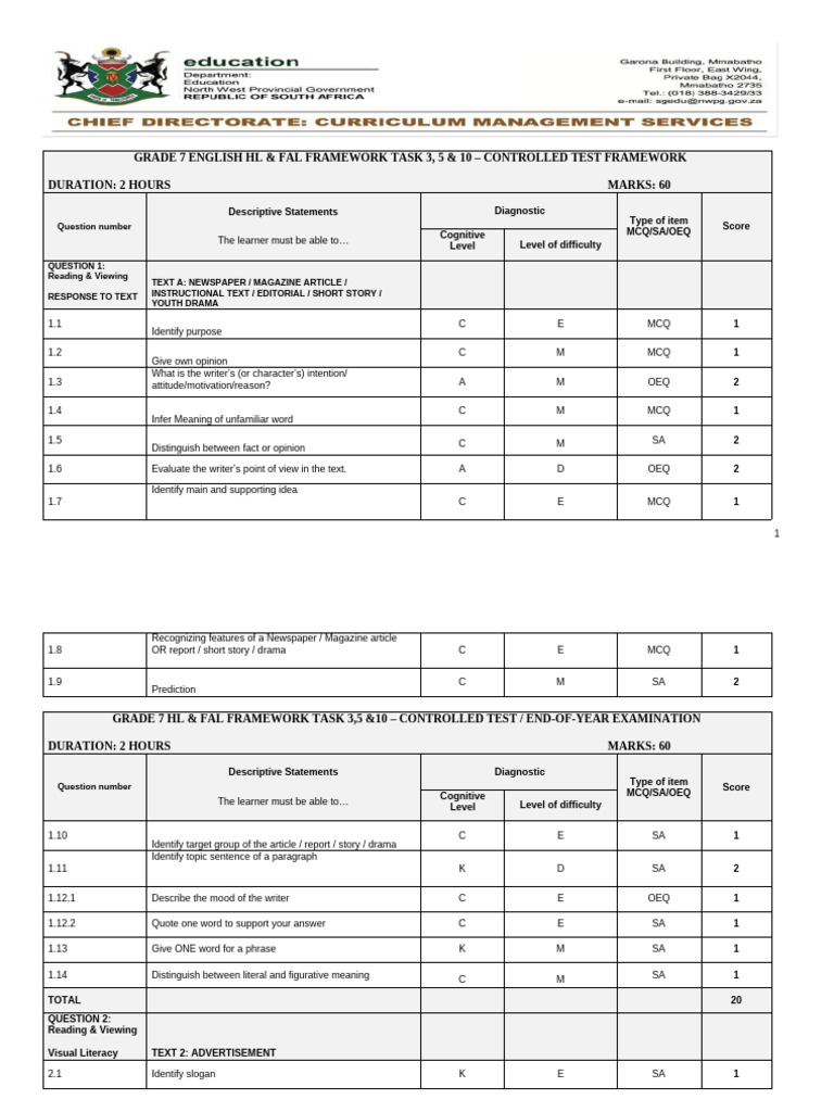 Grade 7 English Test Framework | PDF | Sentence (Linguistics ...