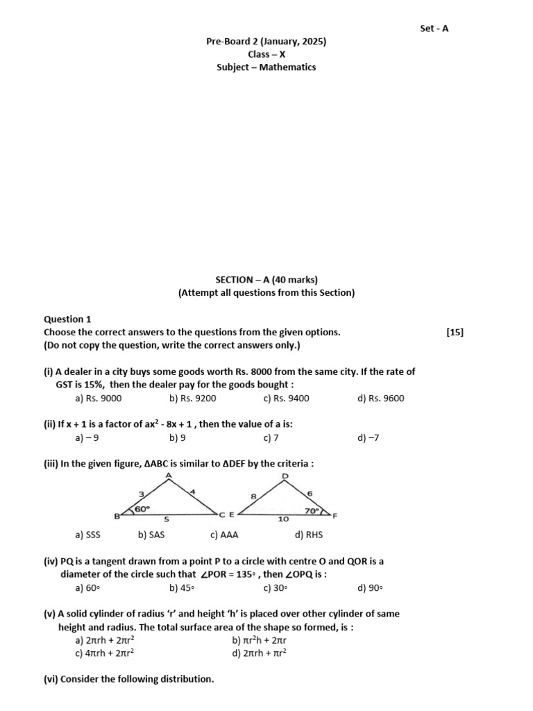 Class X Maths Set-A (PreBoard-2) | PDF | Circle | Perpendicular