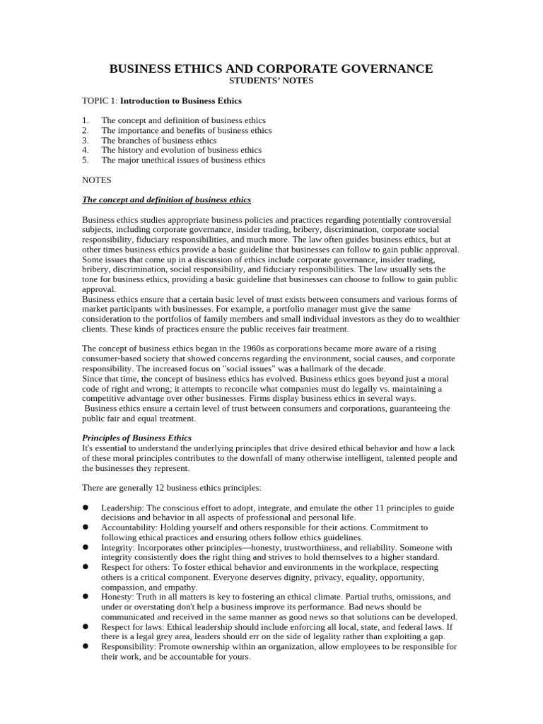 Business Ethics and Corporate Governance - Student Notes | PDF ...