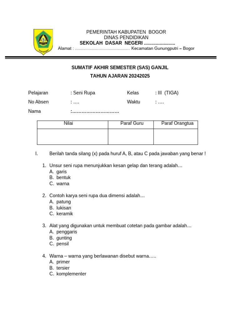 Soal Seni Rupa Kelas 3 | PDF