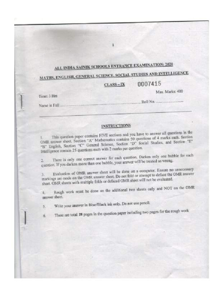 Sainik School Previous Year Question Paper Class 9 2022 | PDF