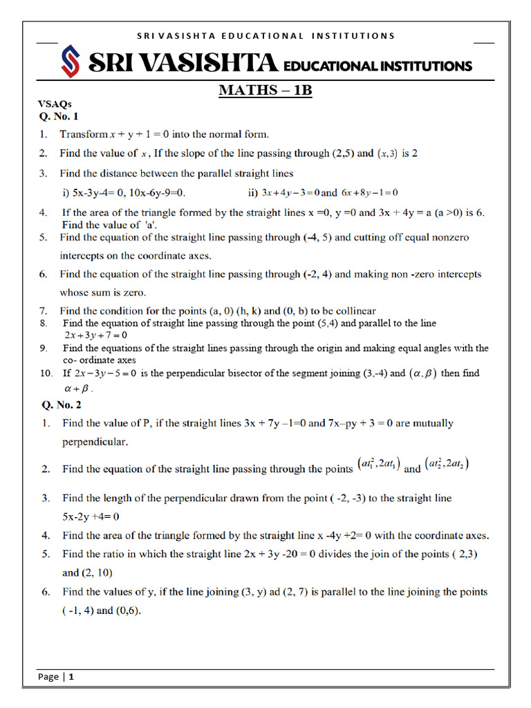 Maths 1B VSAQs and SAQs Solutions | PDF | Line (Geometry) | Cartesian ...