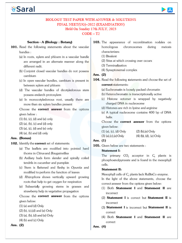 NEET 2022 Biology Test Solutions | PDF | Qualifications | Medicine