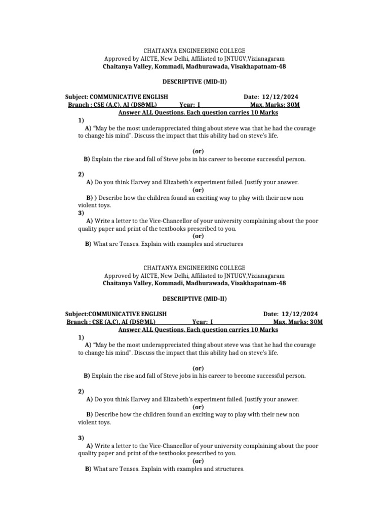 Mid-2 English QP 2 Sem 12-12-2024 | PDF