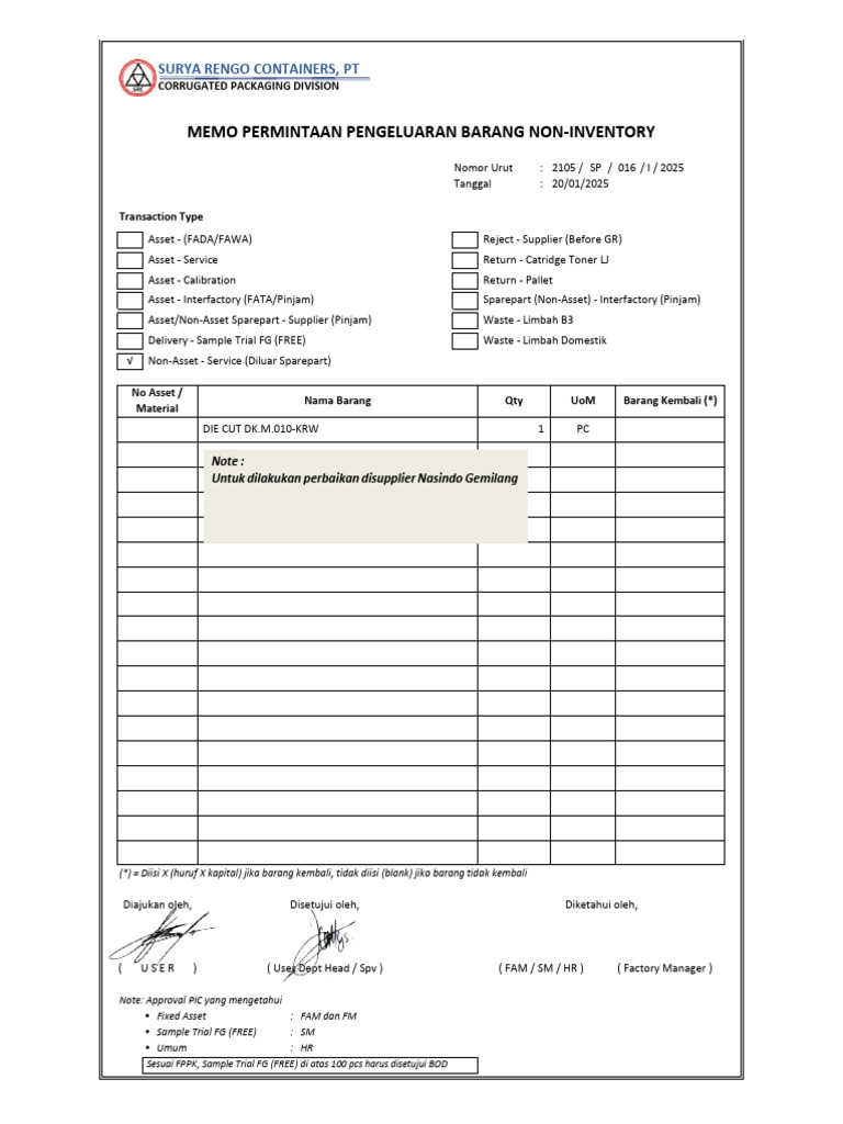 Format Memo Permintaan Non-Inventory DIE CUT DK.M.010 NASINDO 20 JAN ...