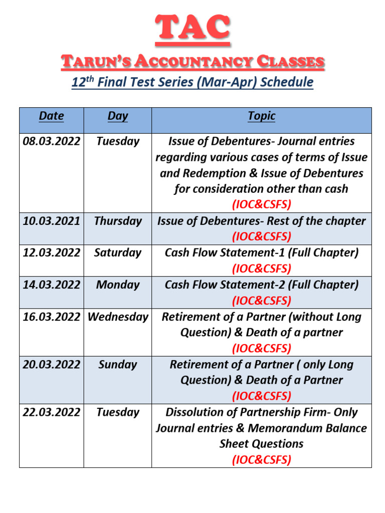 12th Accountancy Test Series Schedule | PDF