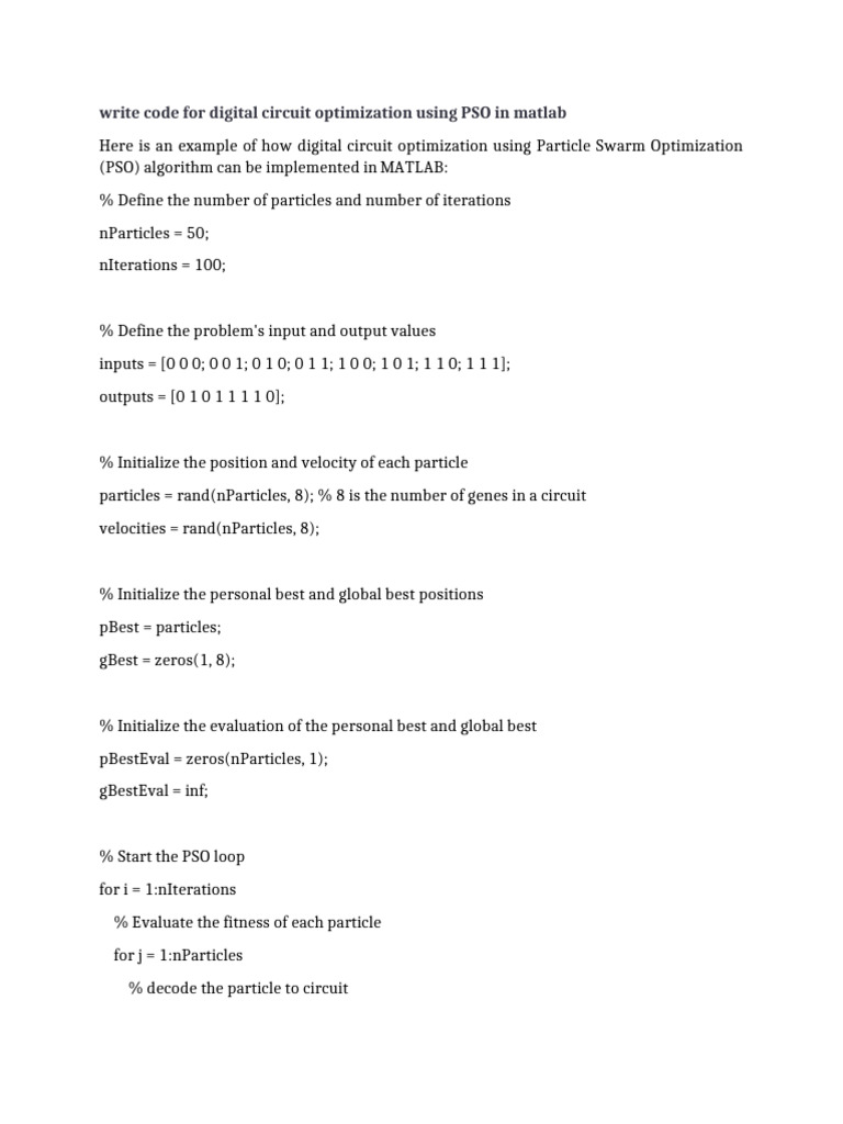 Write Code For Digital Circuit Optimization Using PSO in Matlab | PDF ...