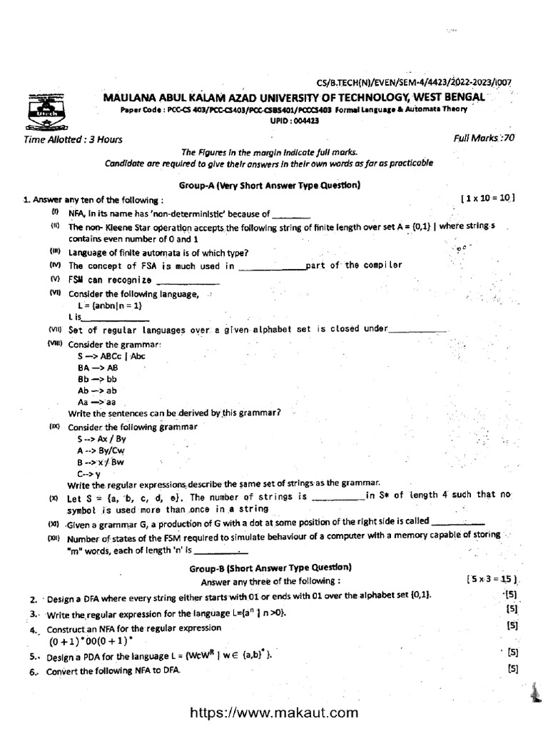 Btech Cse 4 Sem Formal Language and Automata Theory PCC Cs 403 2023 | PDF