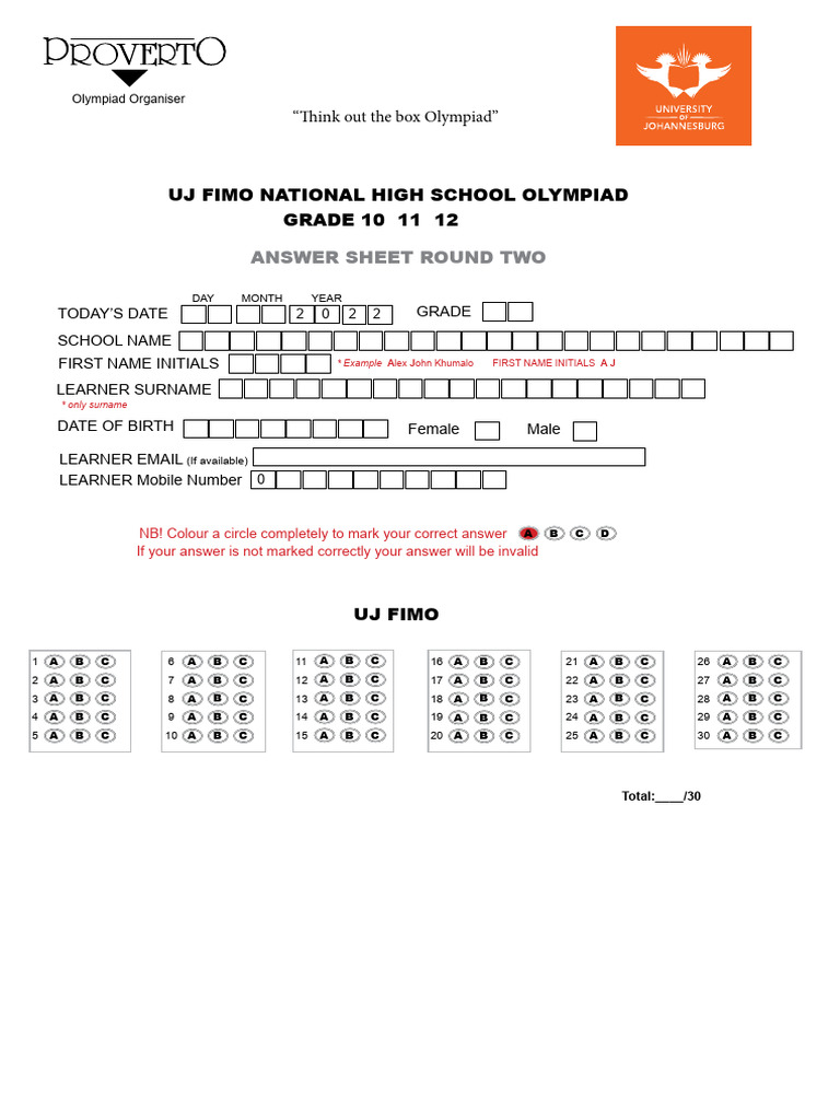 UJ FIMO Olympiad Answer Sheet | PDF