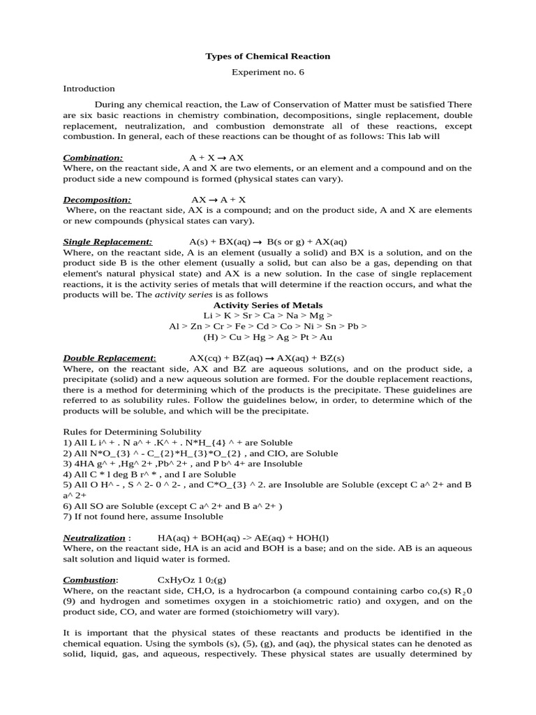 Types of Chemical Reaction | PDF | Chemical Reactions | Solubility