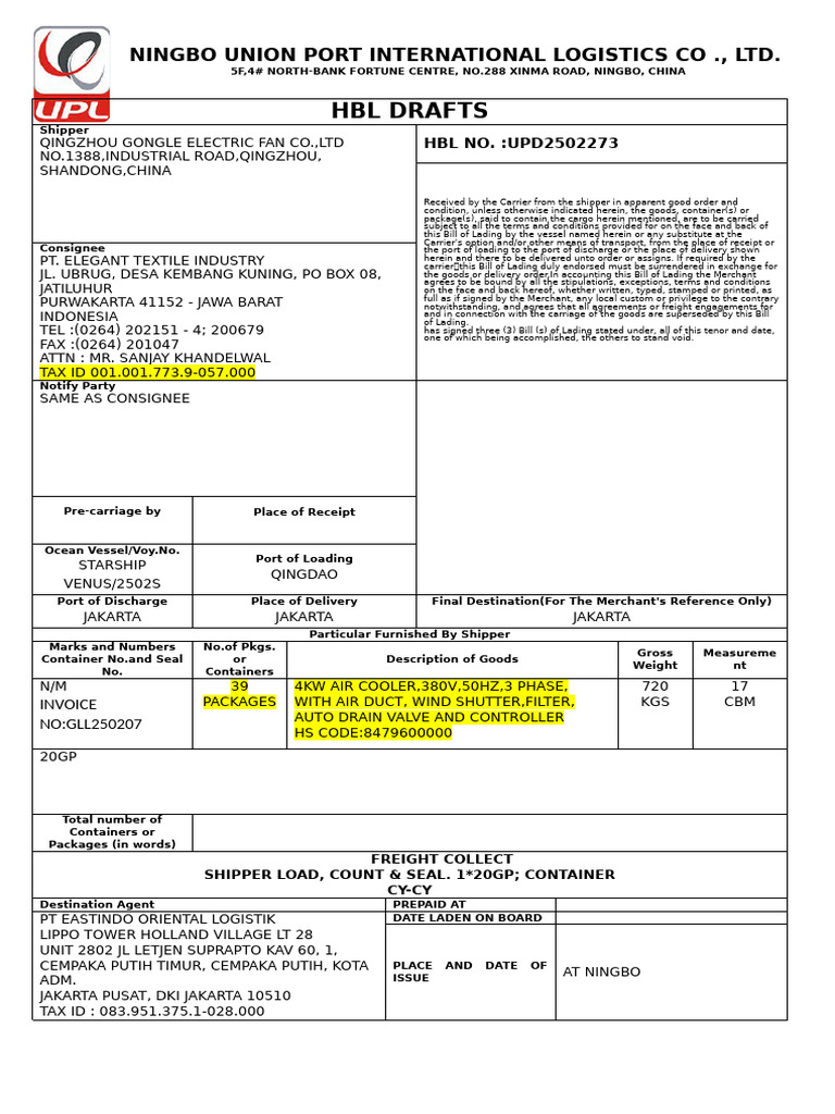 UPD2502273_HBL | PDF | Bill Of Lading | Cargo
