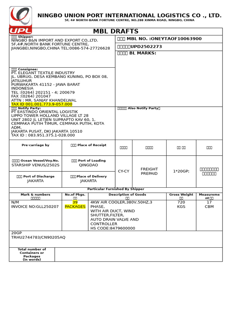 Upd2502273 MBL | PDF | Freight Transport