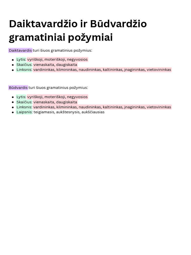 Daiktavardis Turi Šiuos Gramatinius Požymius | PDF