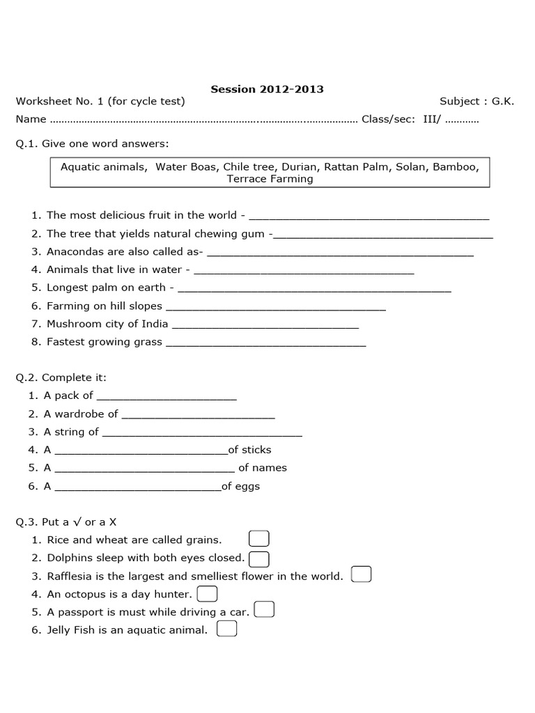 CBSE Class 3 GK Practice Worksheet | PDF | Trees | Agriculture
