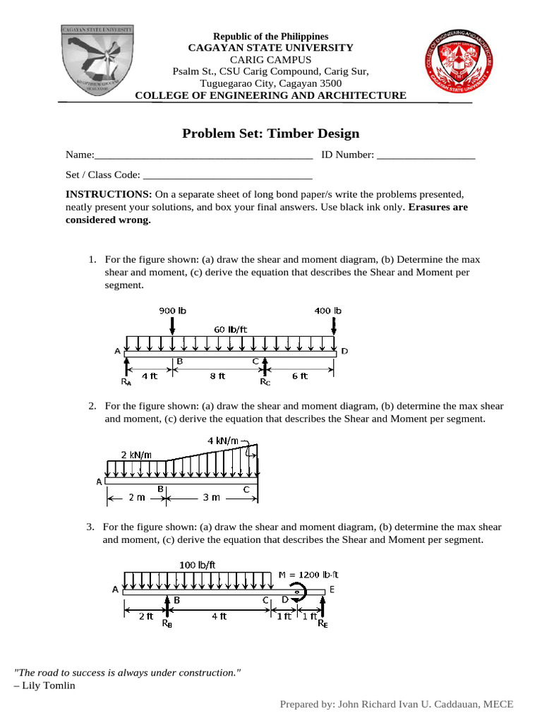 Timber Problem Set - MIDTERMS 2024 | PDF | Bending | Beam (Structure)