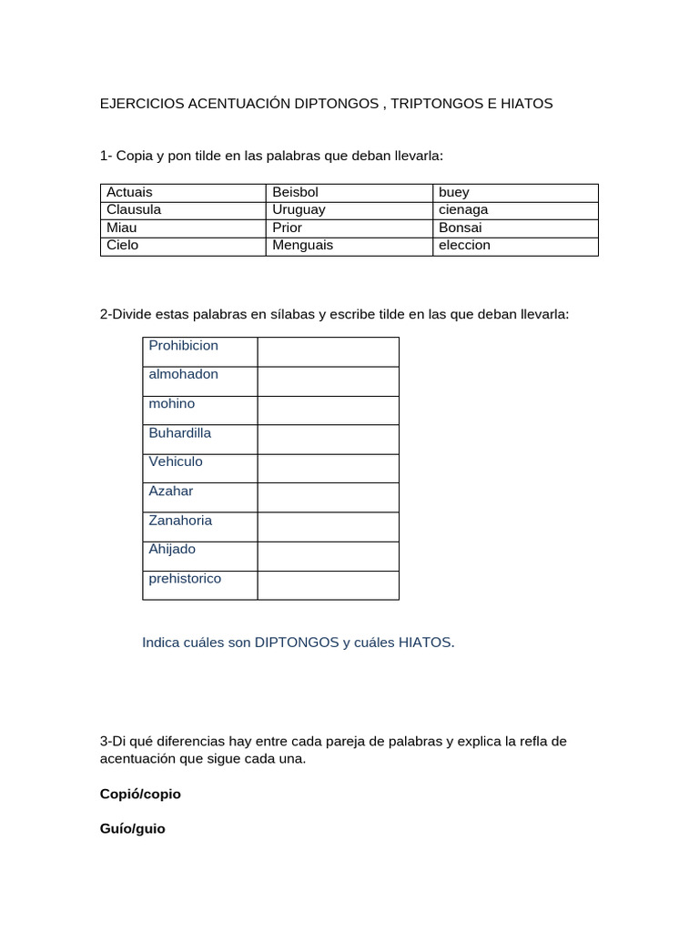 Ejercicios de Acentuación y Diptongos | PDF