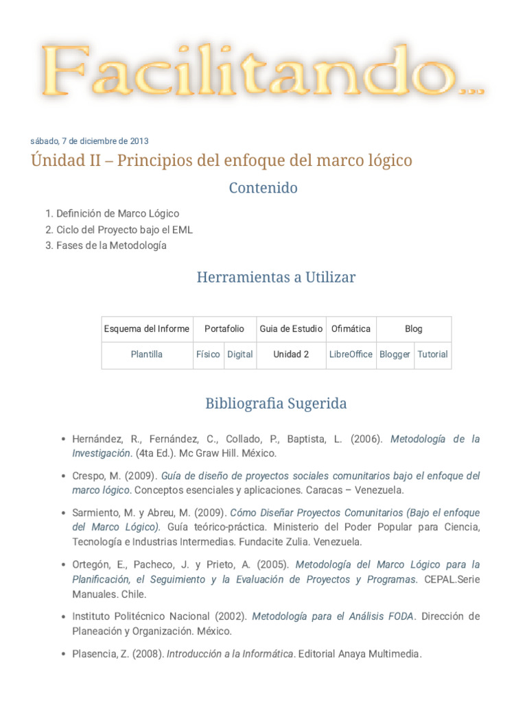 Facilitando - Únidad II - Principios Del Enfoque Del Marco Lógico | PDF