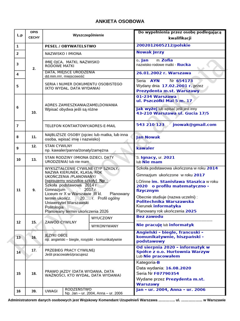 Ankieta Osobowa Wypełniona | PDF