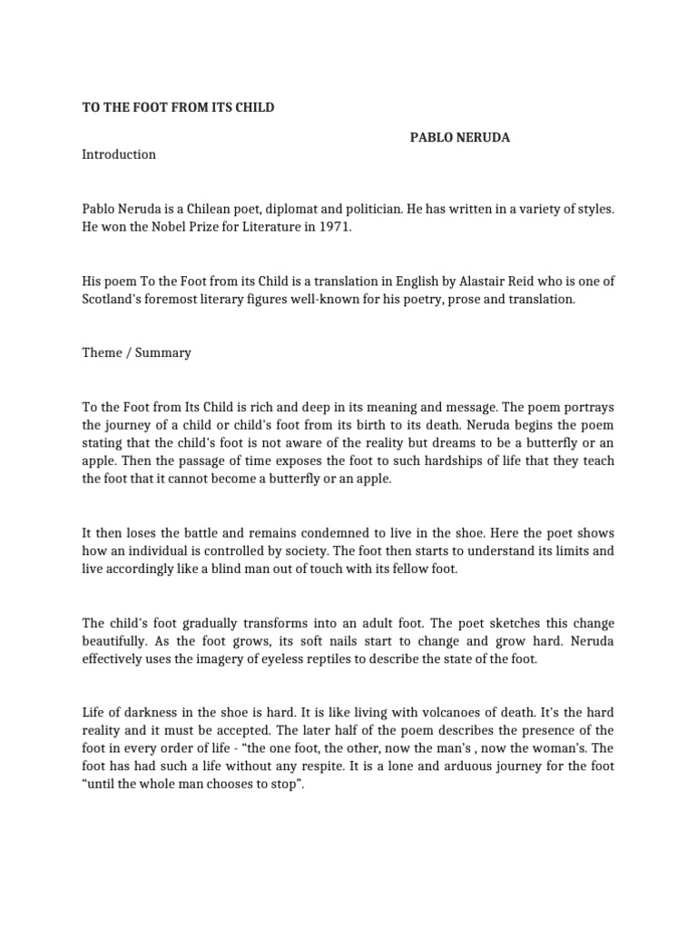 Neruda's "To the Foot from Its Child" Summary | PDF | Poetry