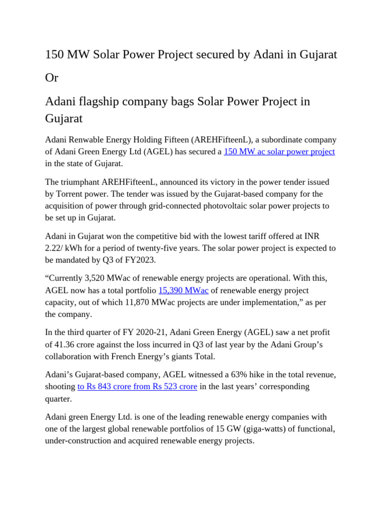 Adani Secures 150 MW Solar Project in Gujarat | PDF