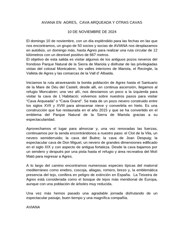 Aviana Excursión Por Agres y La Cava Arqueada | PDF