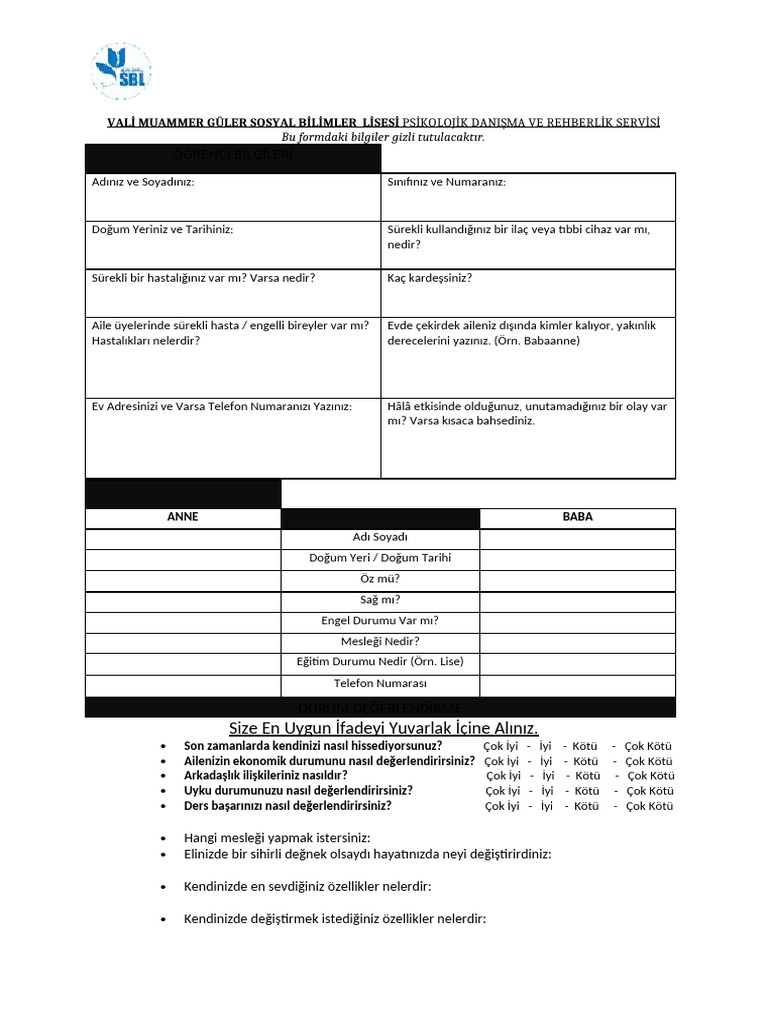 Öğrenci̇ Tanima Formu-Yeni̇ | PDF