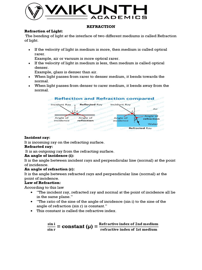 REFRACTION of Light Class 10 | PDF | Refraction | Refractive Index