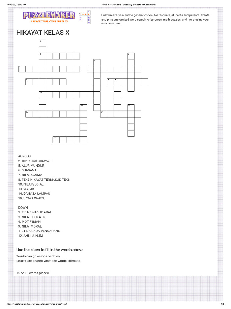Criss Cross Puzzle - Discovery Education Puzzlemaker | PDF