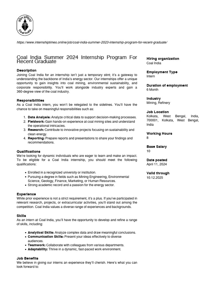 Coal India Summer 2024 Internship | PDF | Internship | Job Hunting