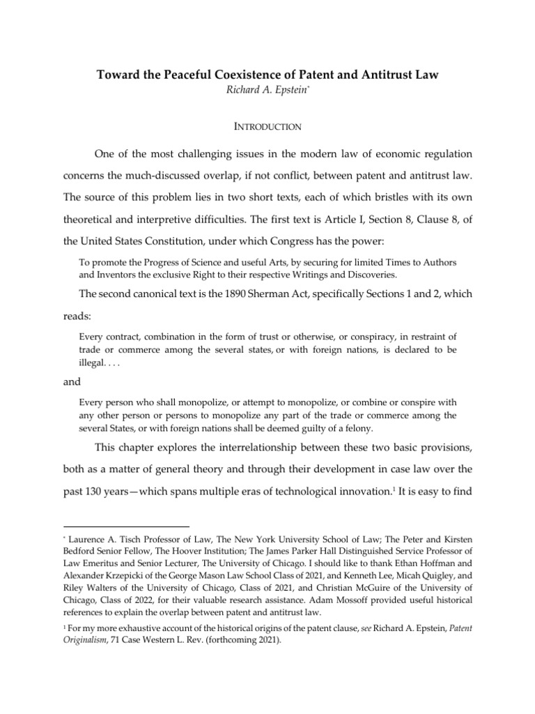 Toward The Peaceful Coexistence of Patent and Antitrust Law | PDF | Trade Secret | Patent
