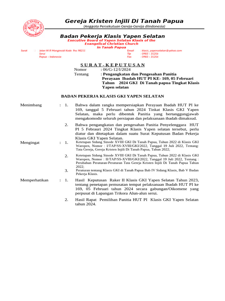 Pengangkatan Panitia HUT PI 169 GKI Yapen Selatan | PDF