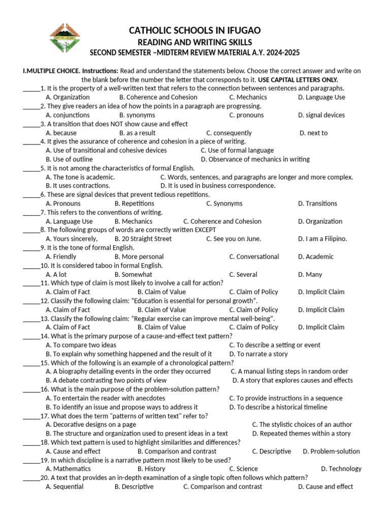 RM.3 Reading Writing Second Semester Midterms | PDF | Causality | Sequence