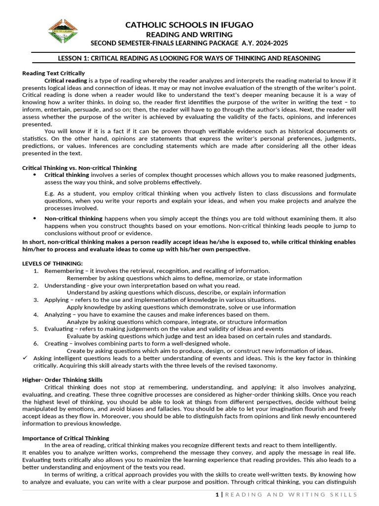Critical Reading and Thinking Skills Guide | PDF | Thought | Critical ...