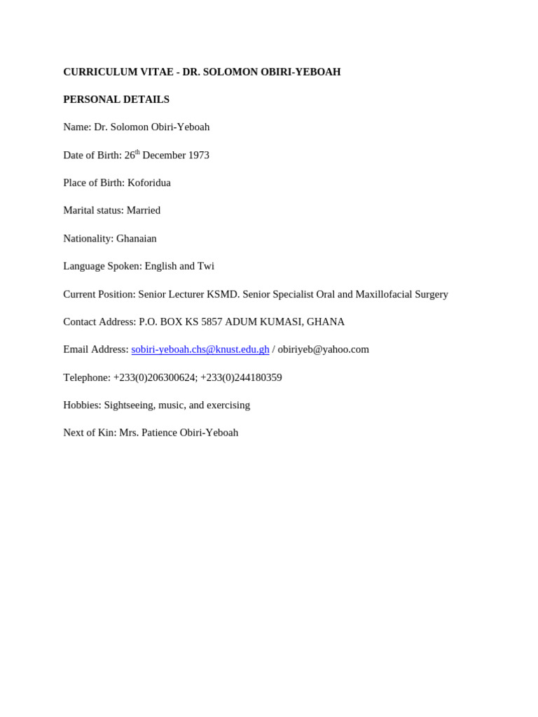 Dr. Obiri-Yeboah's Professional Profile | PDF | Oral And Maxillofacial ...