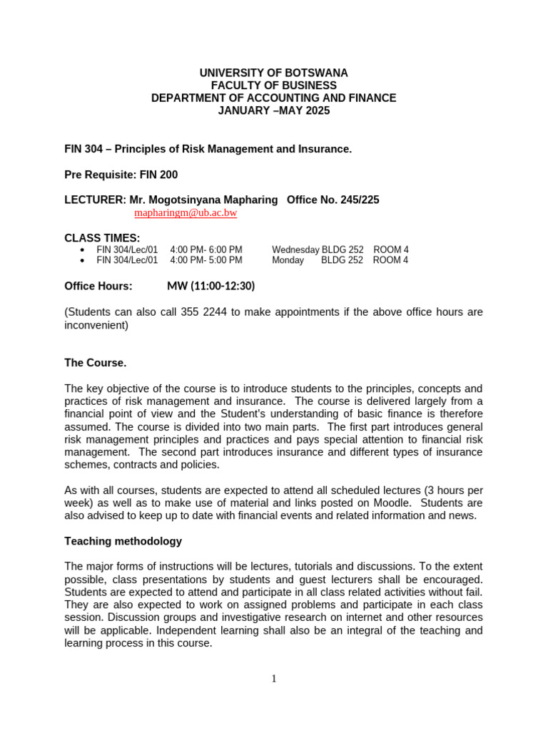 FIN 304 Course Outline: Risk Management | PDF | Insurance | Risk