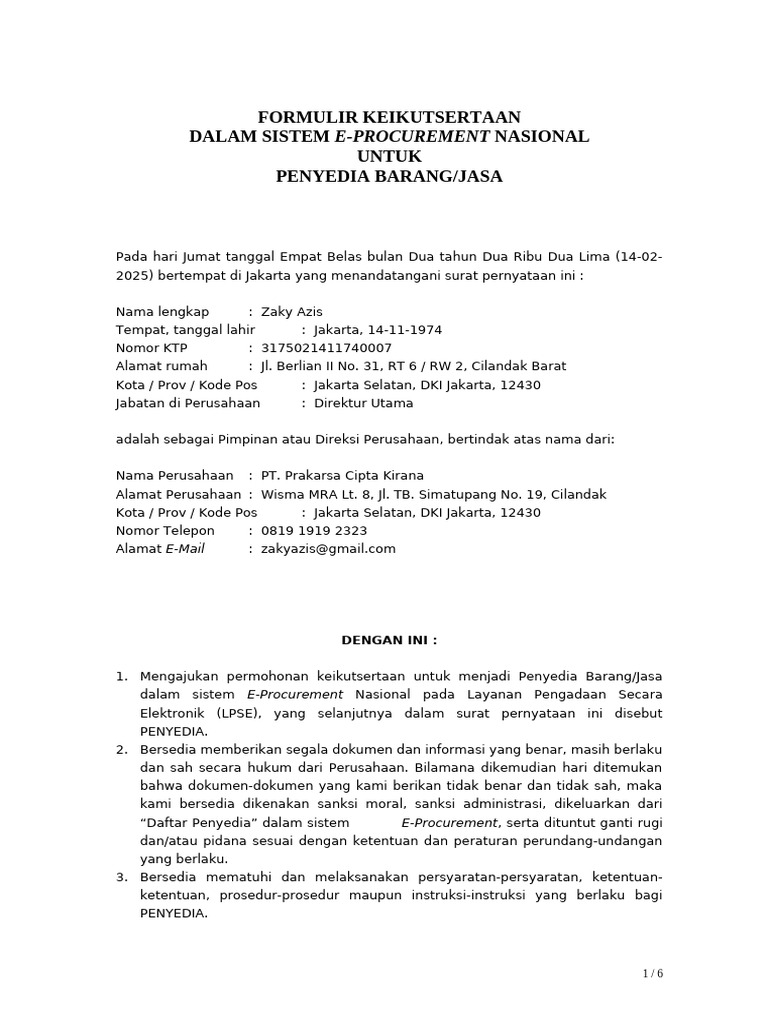 FORMULIR IKUT Serta LPSE PCK | PDF