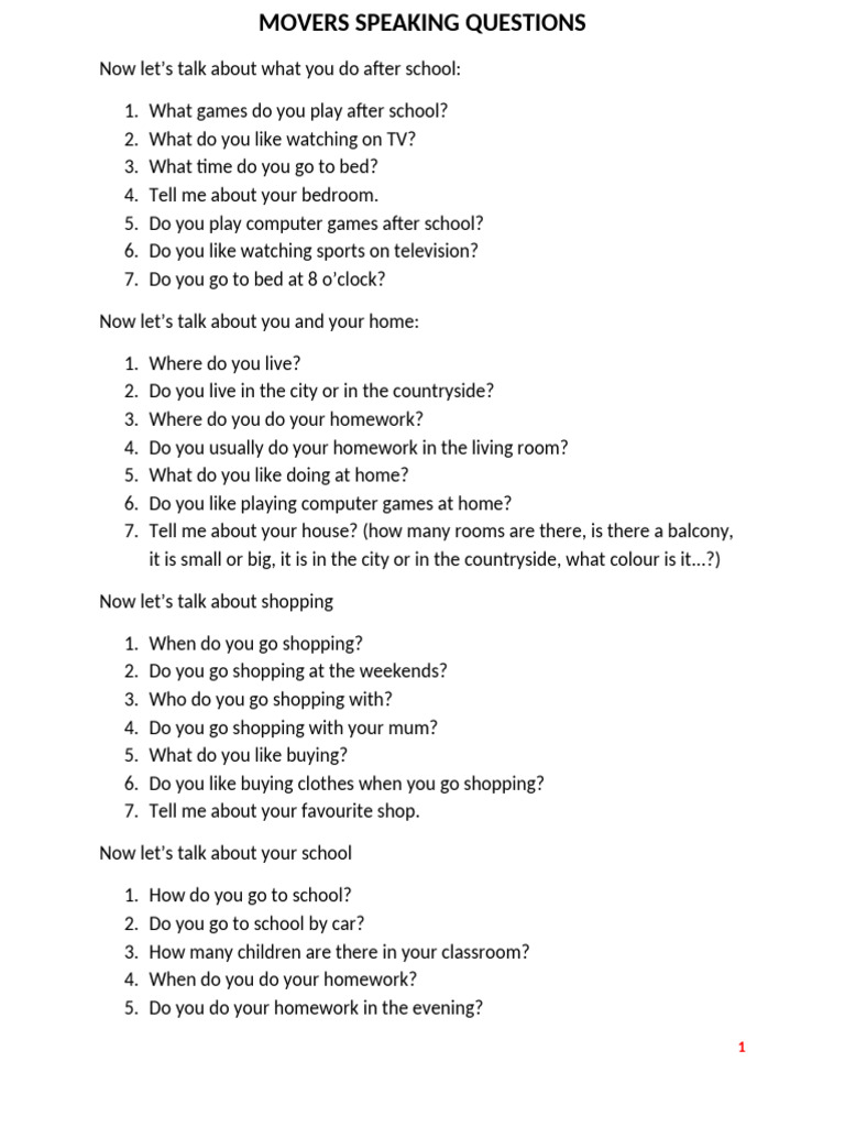 Movers Speaking Questions Guide | PDF