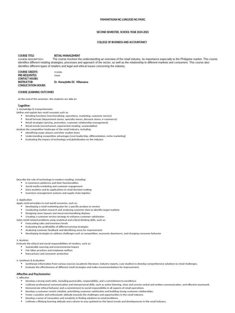 Retail Management Course Overview 2024-2025 | PDF | Retail | Customer ...