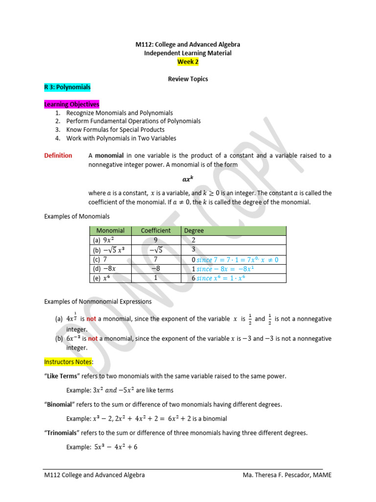ALGEBRA WEEK 2A | PDF | Division (Mathematics) | Polynomial