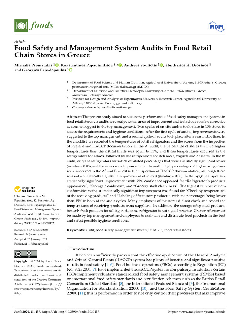 Food Safety and Management System Audits in Food Retail Chain Stores in ...