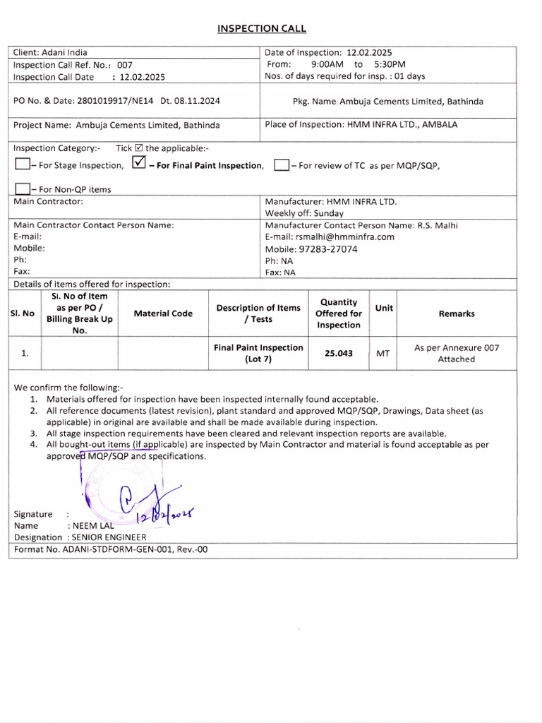 Final Paint Inspection - (Lot-7) 25.043 MT | PDF