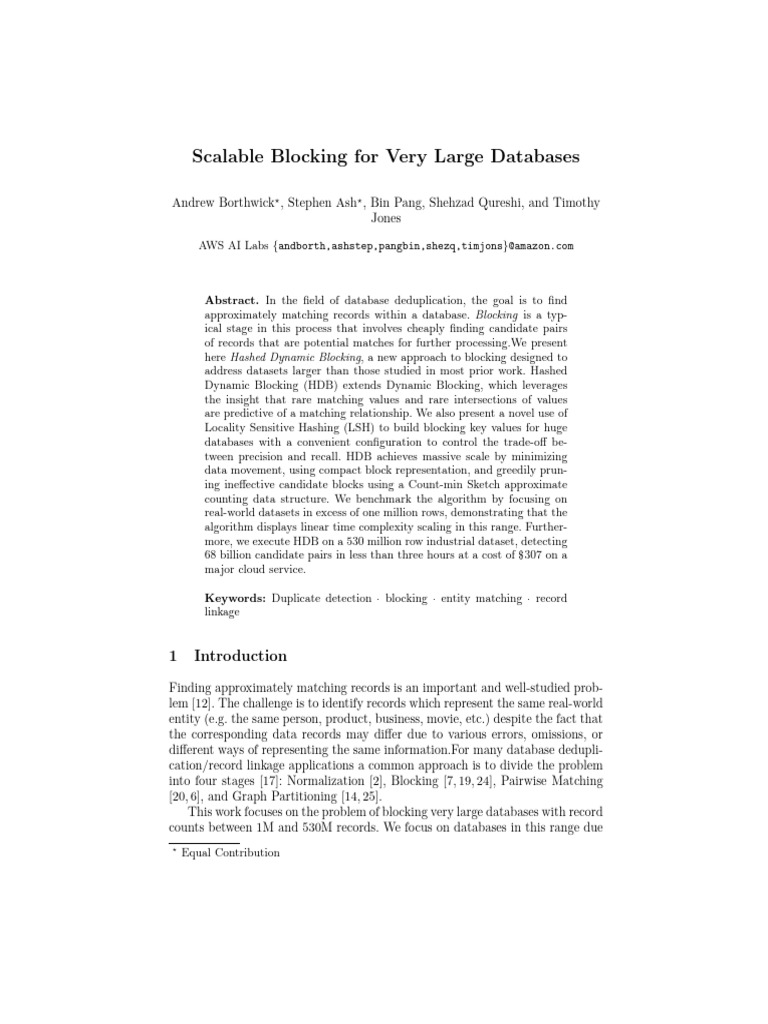 Scalable Blocking For Very Large Databases Pdf Applied Mathematics Algorithms