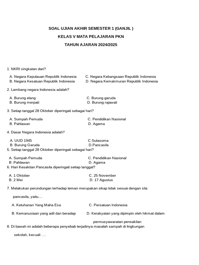 Soal Ujian Kelas 5 Pkn 2025 | PDF