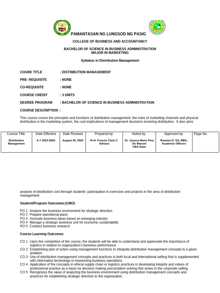 Syllabus Distribution Management 2023-24 | PDF | Forecasting | Supply Chain