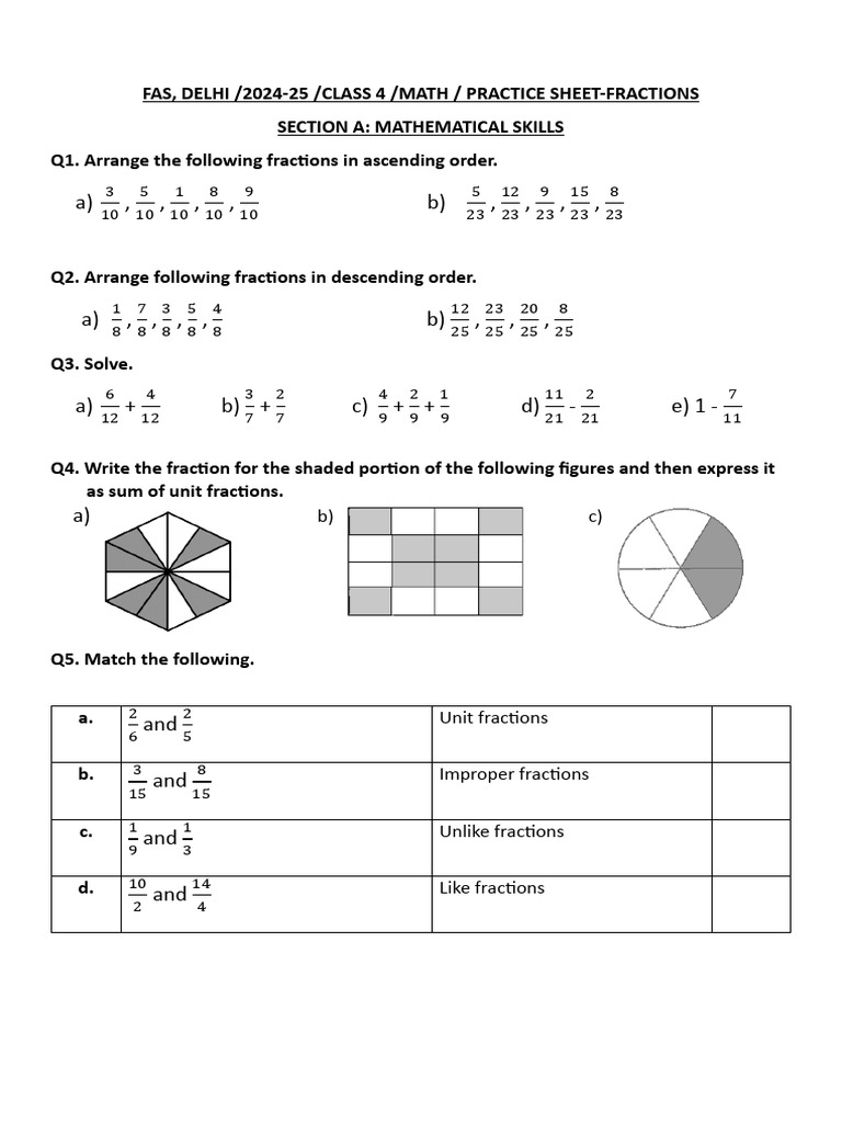 Class 4 Fractions Worksheet | PDF | Mathematics | Division (Mathematics)