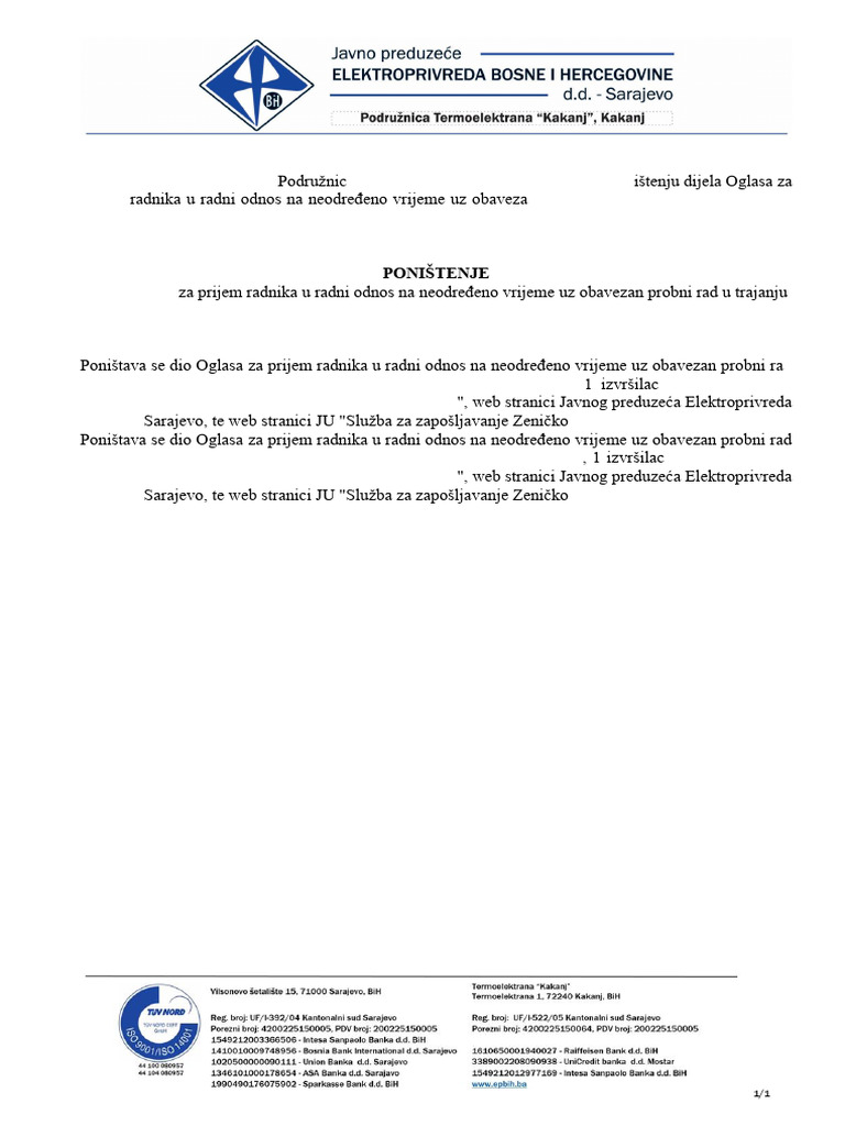 Obavijestenje o Ponistenju Dijela Oglasa Za Zaposljavanje - TE Kakanj | PDF