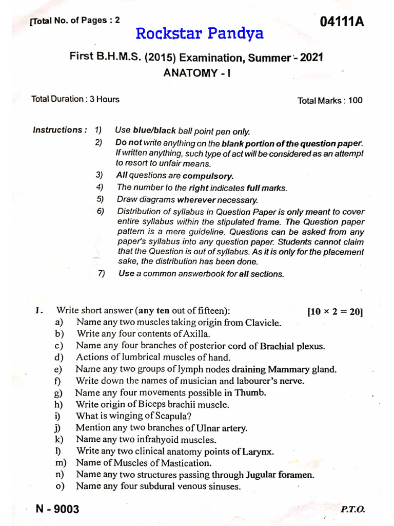 1st - BHMS(2015)- 2021_Summer_Question Paper | PDF