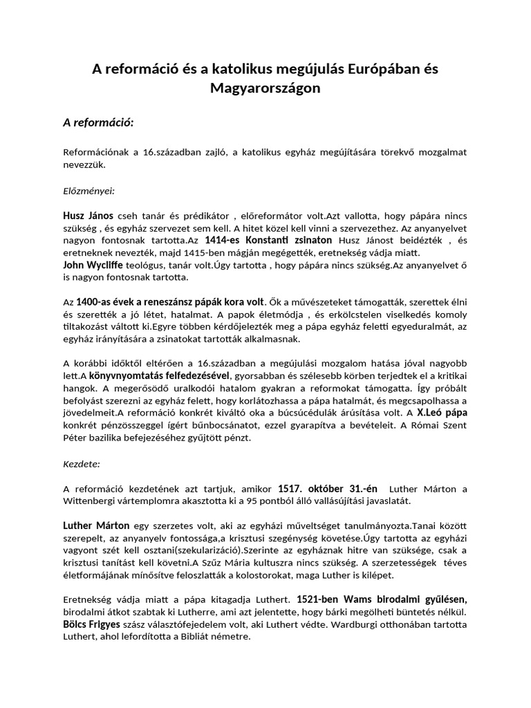 A Reformáció És A Katolikus Megújulás Európában És Magyarországon | PDF