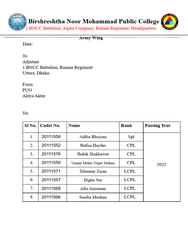 BNCC Cadet Certificate Request | PDF
