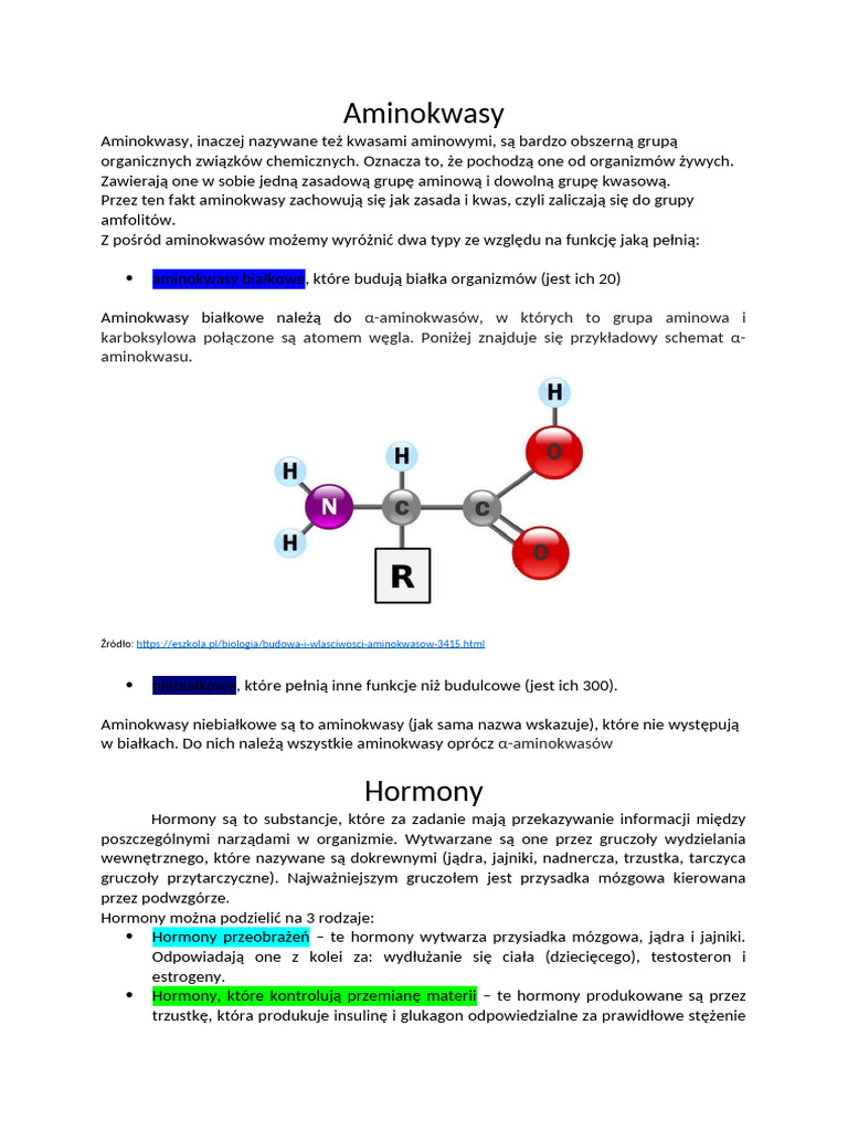 Aminokwasy I Hormony Chemia 2 | PDF